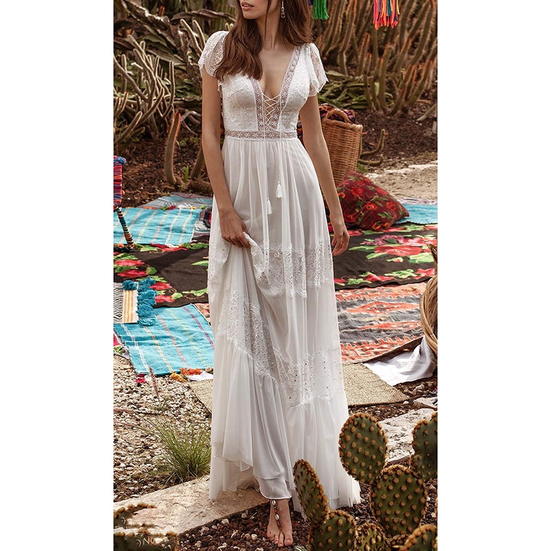 Summer Breeze: Long Beach Up Transparent White Lace Maxi Tunic Dress