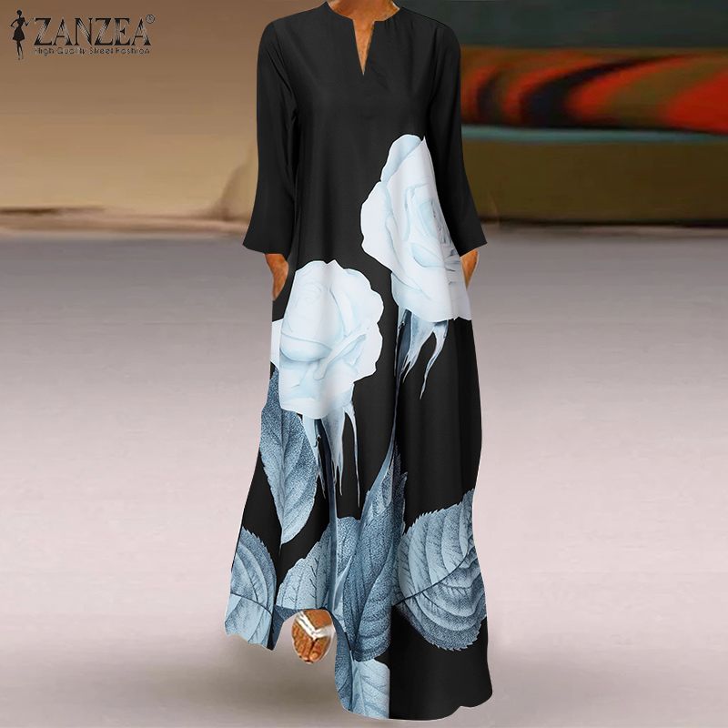 Floral Splendor: Casual Elegant Full Sleeve Sundress with Loose Pockets ...